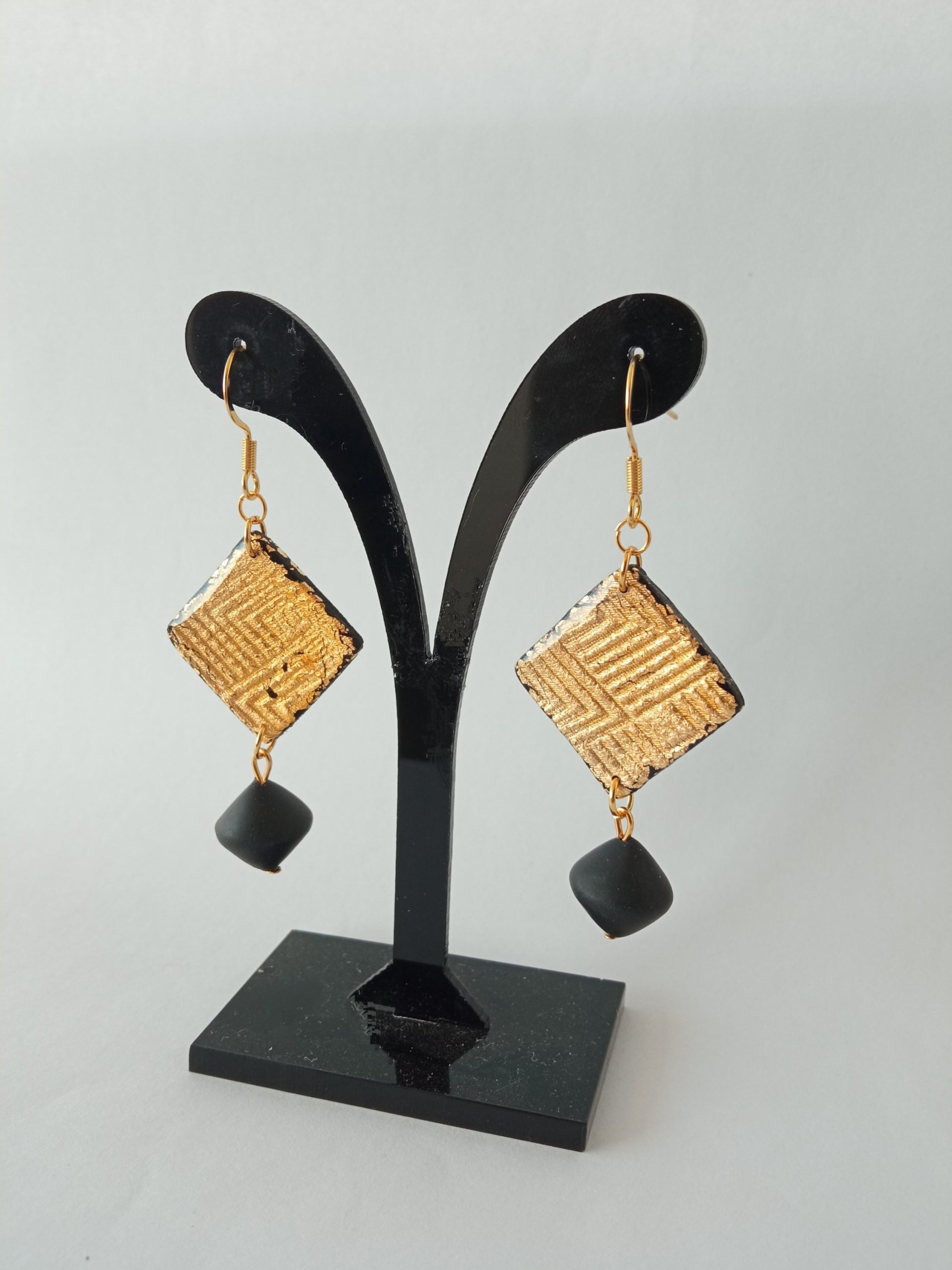 Gold and black rhombus dangle earrings - Nel Clay Jewelry
